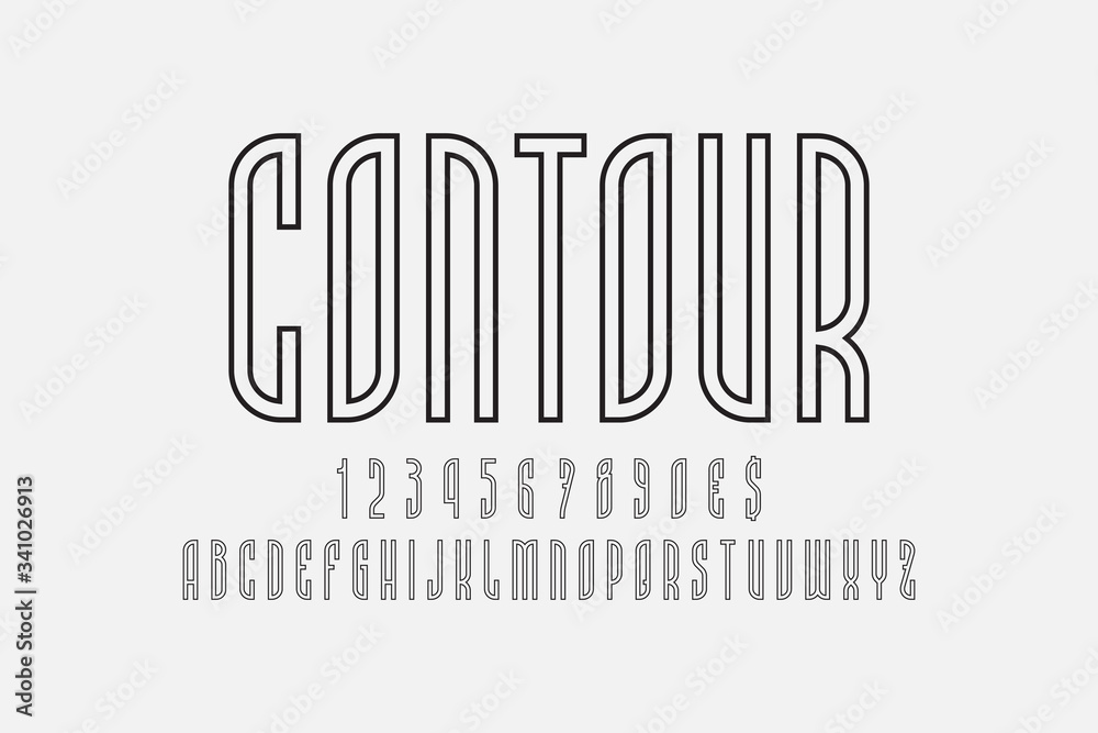Contour artistic display font. Black angular letters, numbers and ...