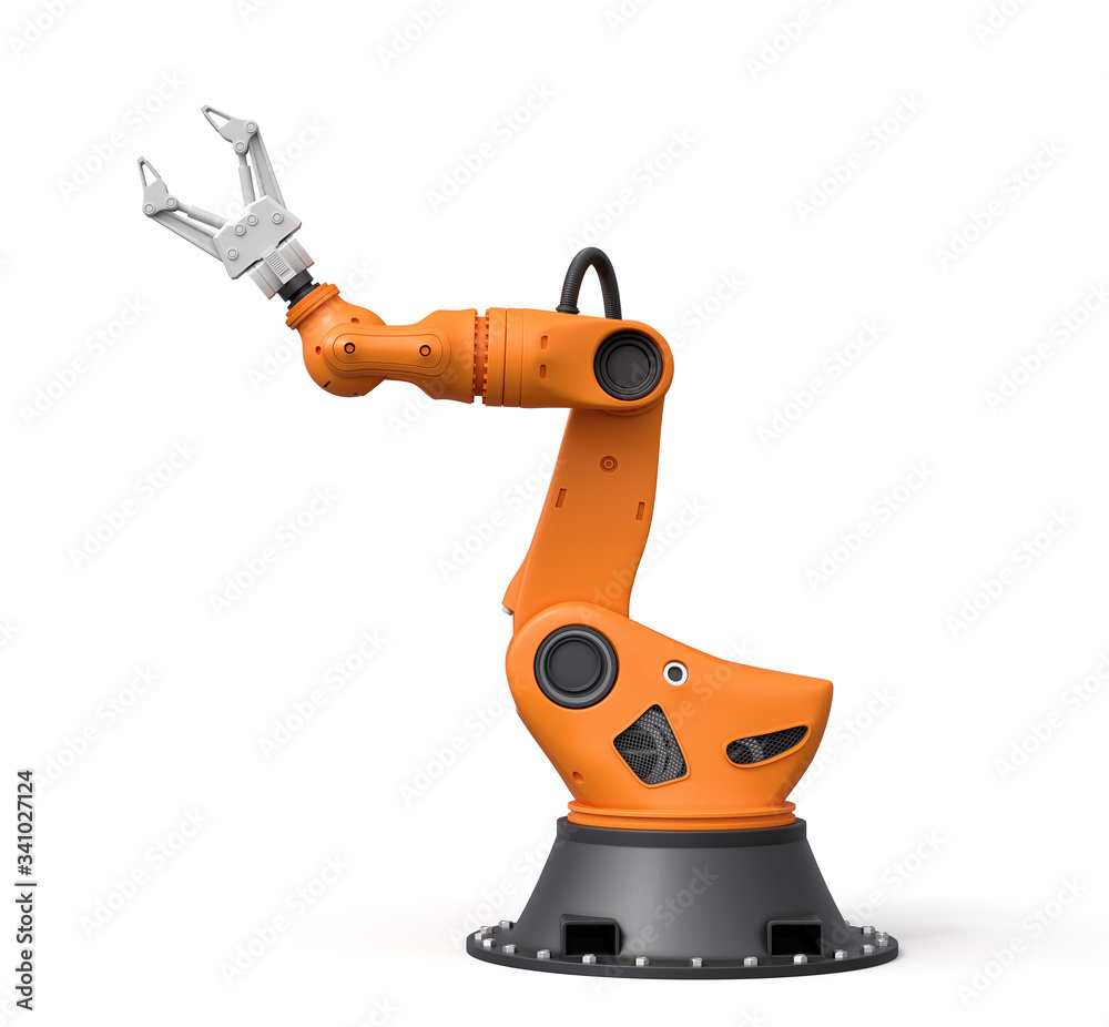 3d rendering of orange robotic arm with grey gripper standing on white ...