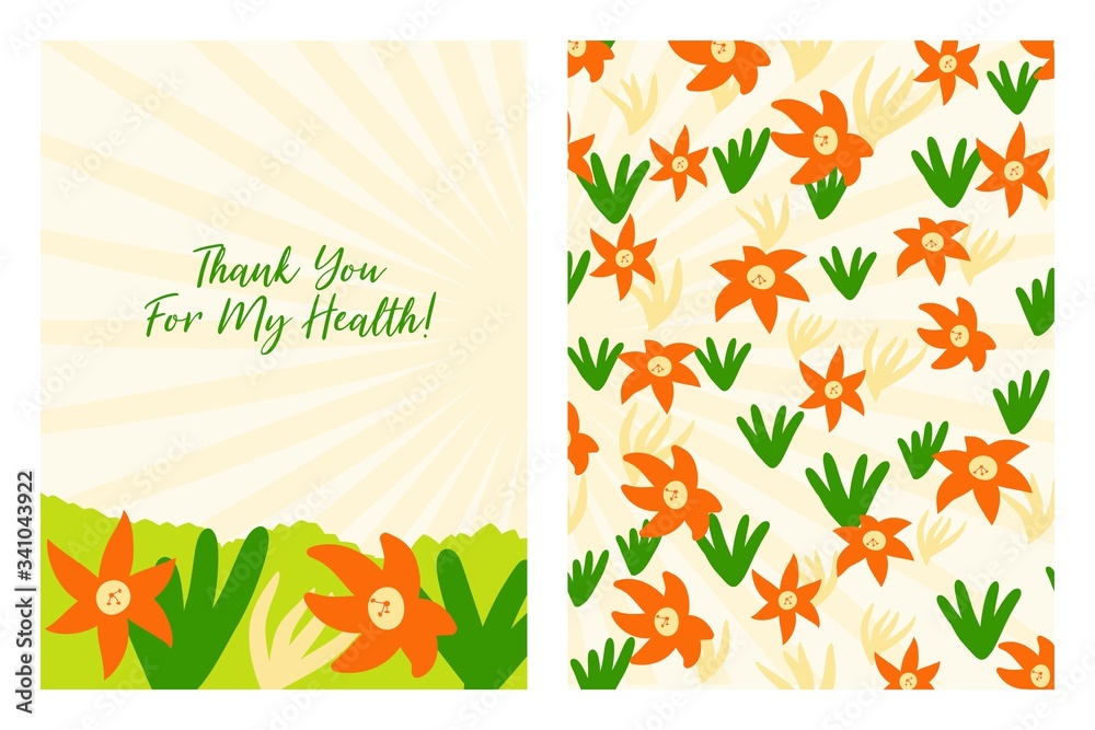 Thank You For My Health card with floral pattern. Flat style hand drawn ...