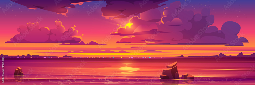 Sunset in ocean, pink clouds in sky with shining sun above sea with ...