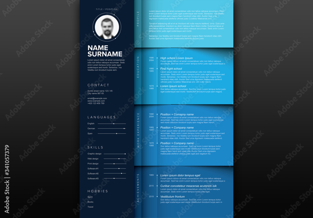 Minimalist Horizontal Blue Resume Layout Stock Template | Adobe Stock