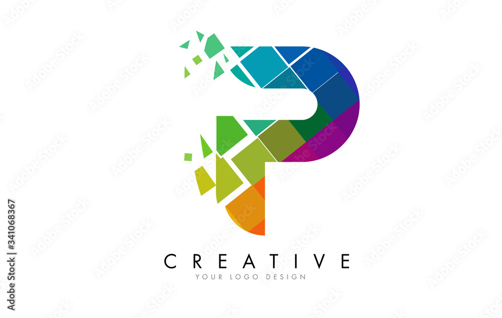 Letter P Design with Rainbow Shattered Blocks Vector Illustration ...