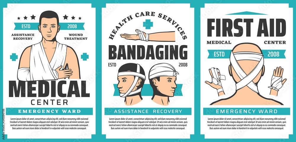 First aid bandaging of body injuries medical posters of emergency ...