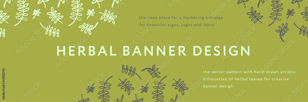 Vector herbal banner with drawings of herbs leaves. Natural cosmetic ...