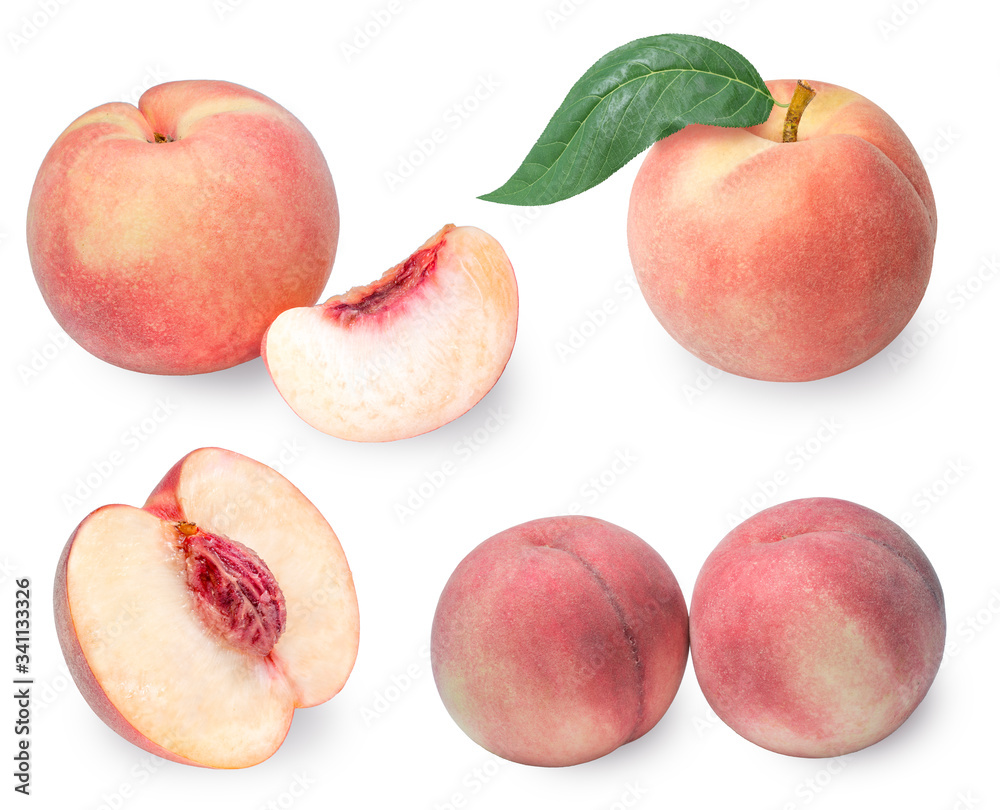 Collection of Peach fruit half with leaf isolated on white background ...