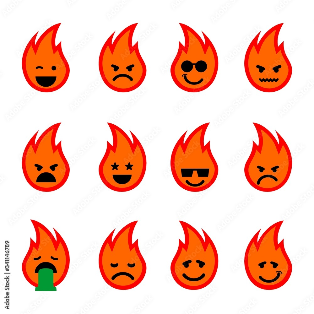 12 fire emoticon vector. Emoticons bonfire vector set. Emoji cute Fire ...