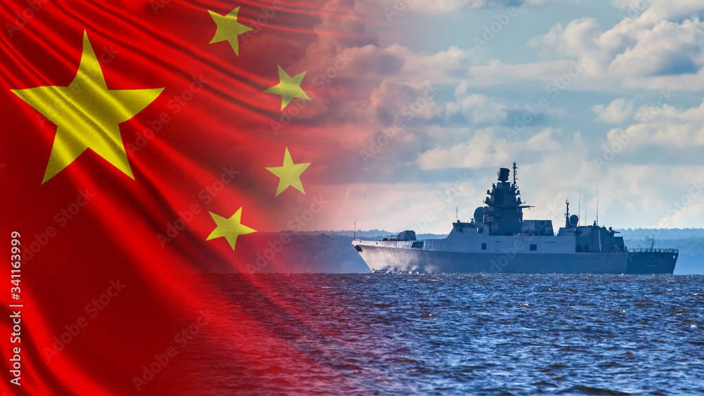 Border boat on the background of the flag of China. Naval forces of ...