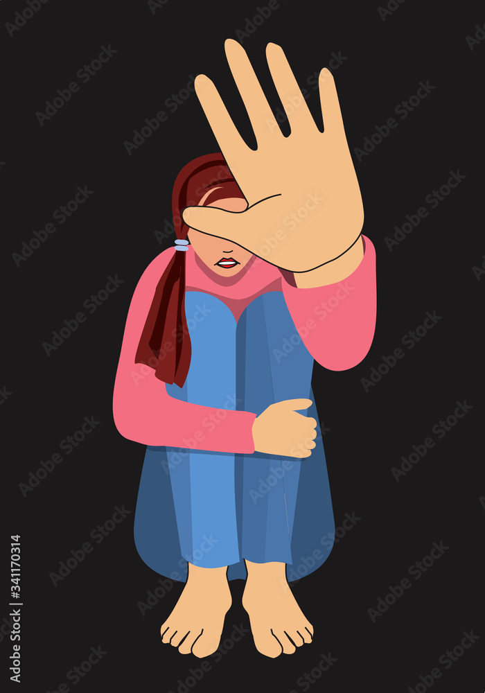 Helpless and terrified girl, domestic violence. Illustration of sitting ...
