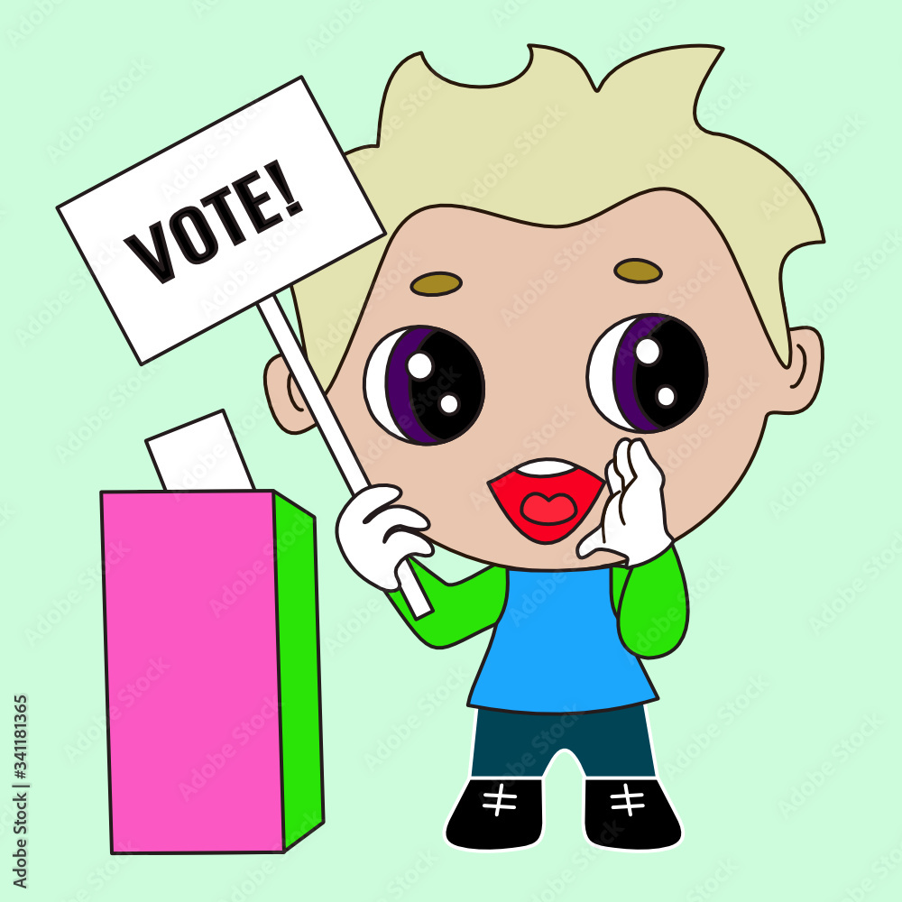 boy blond stump orator with a vote banner that votes using a ballot box ...