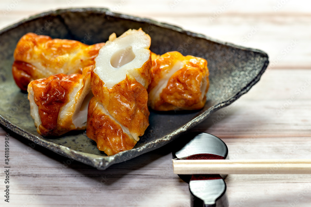 Chikuwa, a kind of tube‐shaped fish paste cake as a side dish in Japan ...