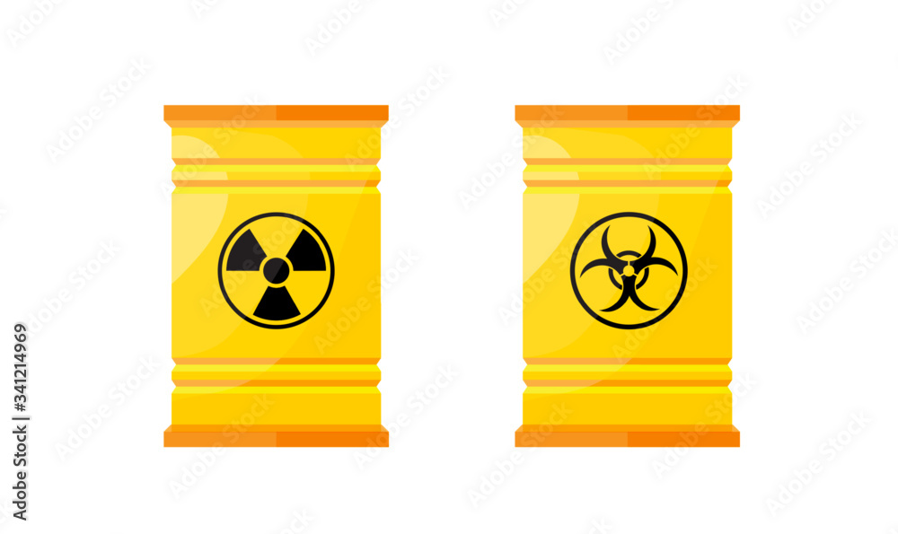 A barrel of radioactive waste and the danger signs on white background ...