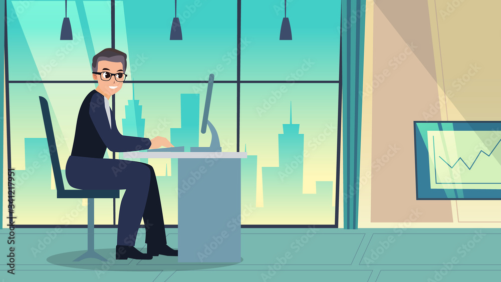 Businessman is working with computer in office vector illustration ...