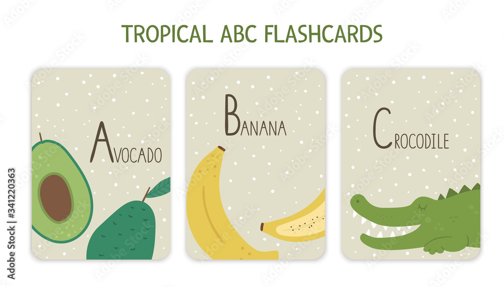 Colorful alphabet letters A, B, C. Phonics flashcard with tropical ...