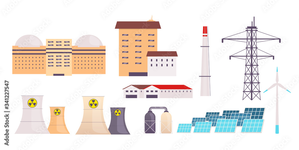 Power plant flat color vector objects set. Factory buildings, nuclear ...