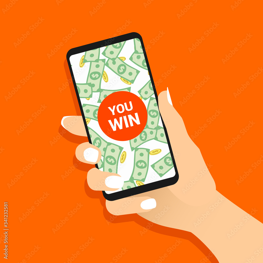 Female hand hold smartphone with you win message on screen. Woman ...