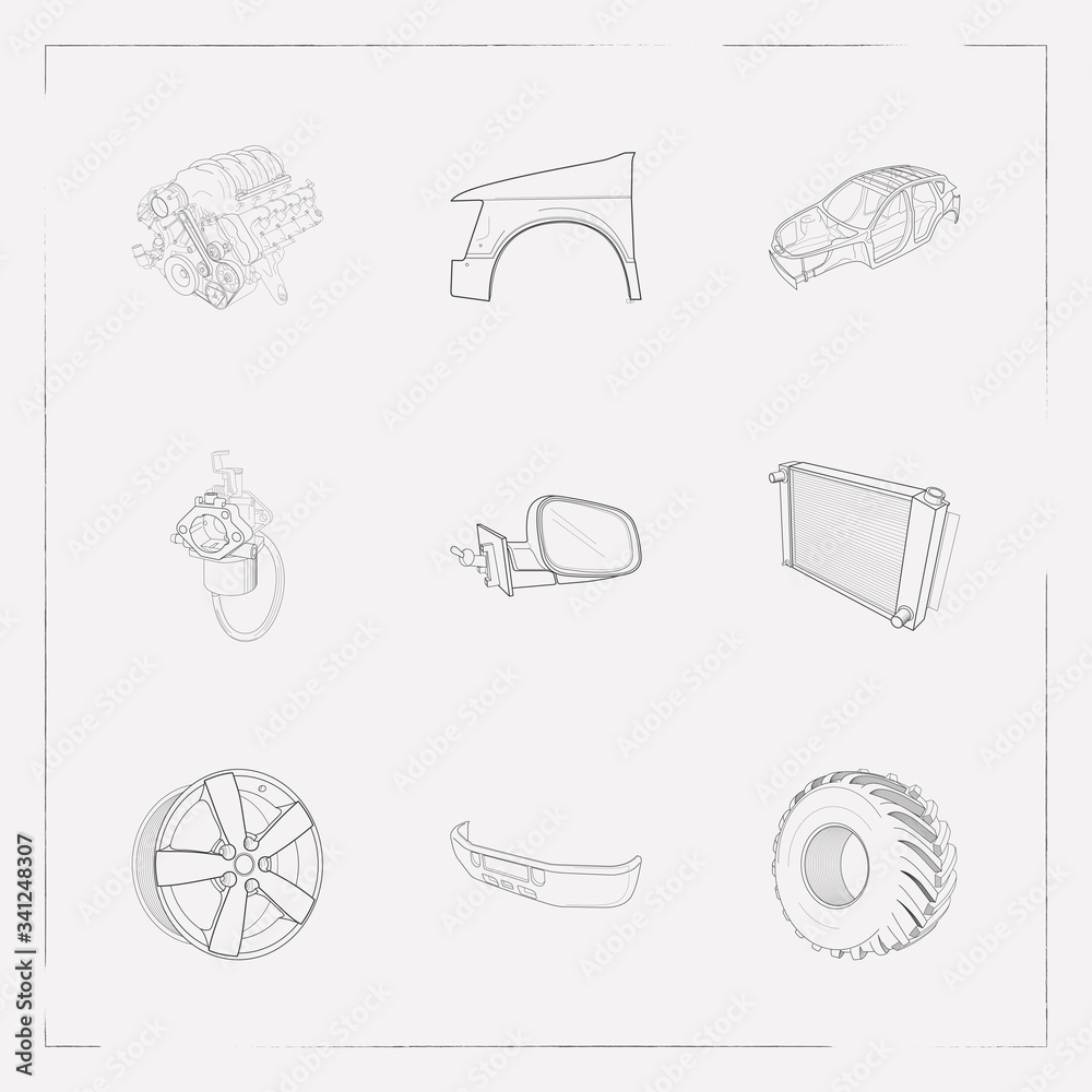 Set of auto icons line style symbols with car frame, hubcap, bumper and ...