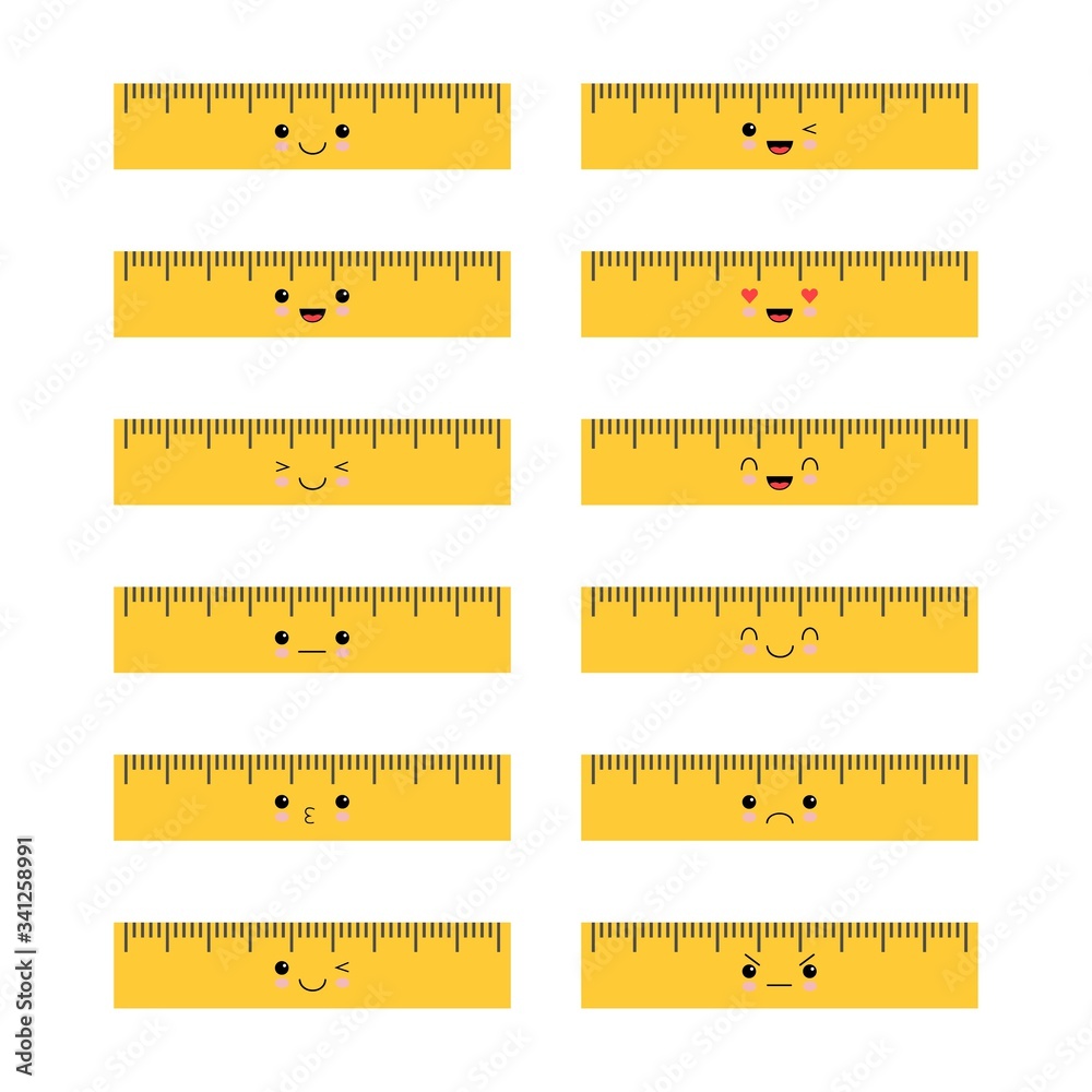 Set og cartoon cute school ruler with different emotion isolated on ...