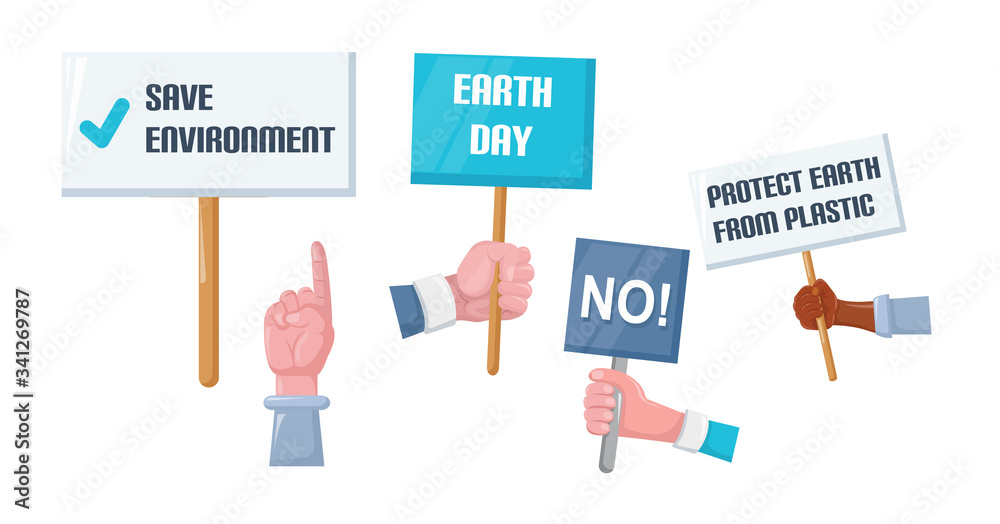 Save environment in earth day placard. Protests people with programs ...