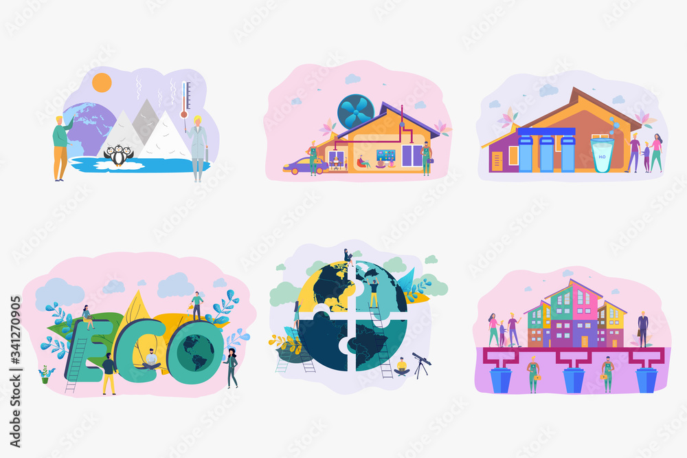 Set of 6 environmental protection illustration. Save the planet. Ocean ...