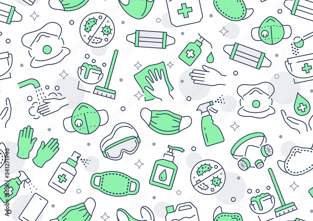 Disinfection green seamless pattern. Vector background included line ...