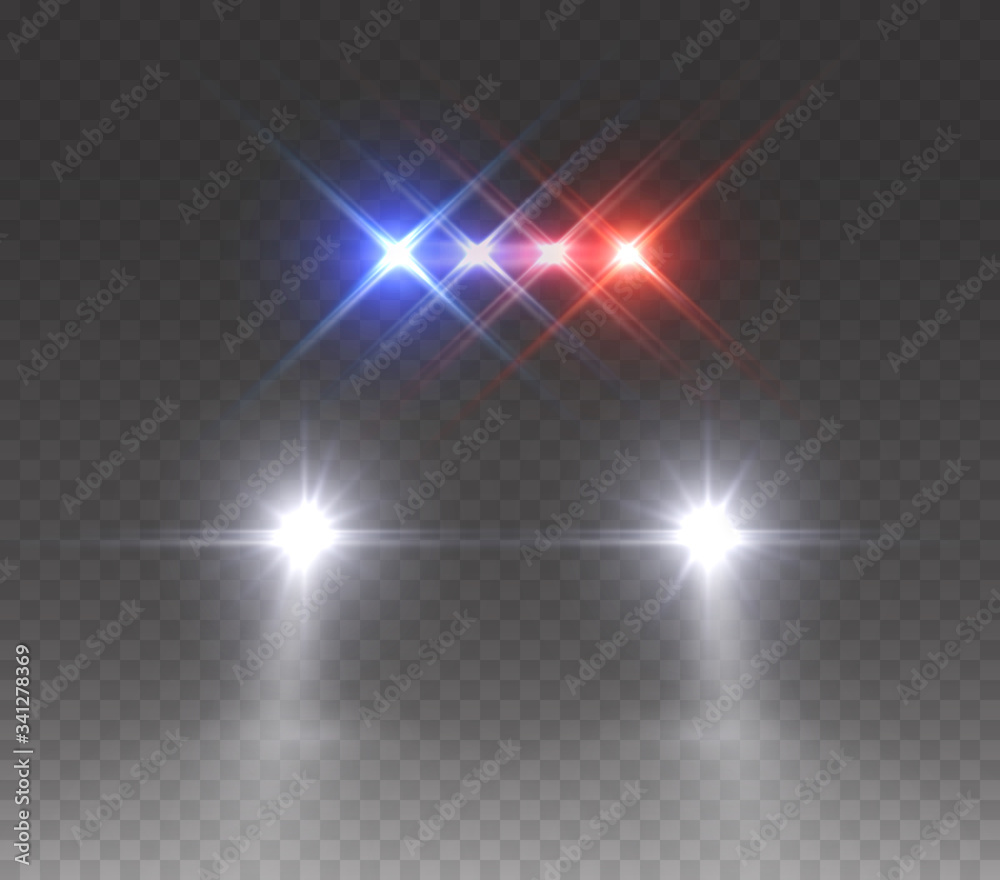 Police headlights flares and siren effect front view. Realistic ...
