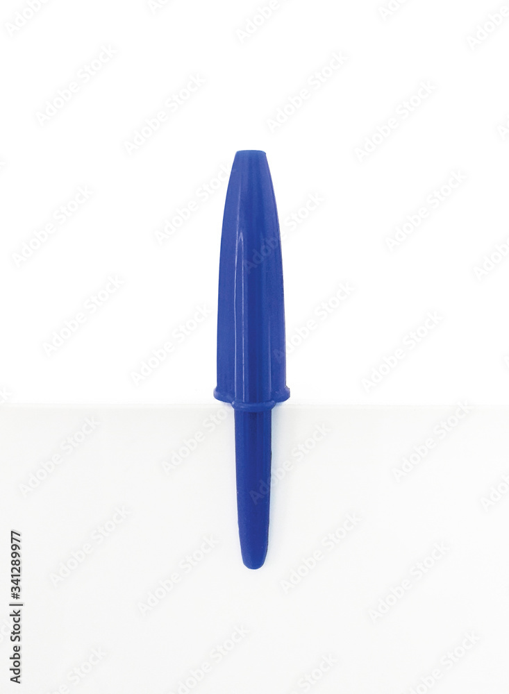 Aerial view of blue ballpoint pen cap isolated on white background ...