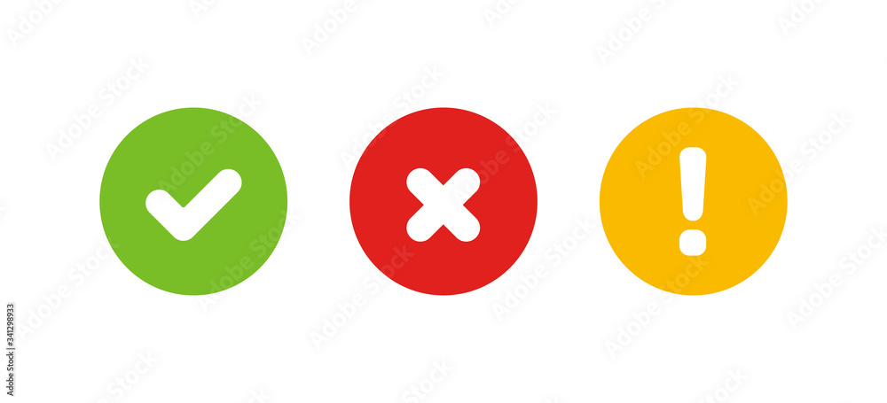 Check, cross and exclamation mark set icon, vector illustration in flat ...