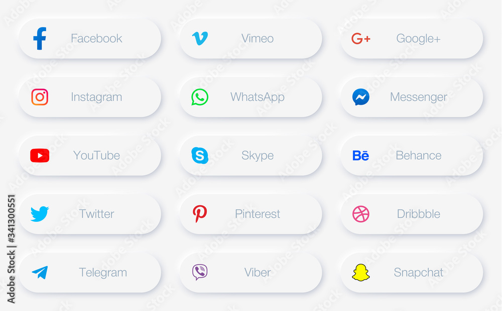 Social media icons in a Neomorphism design white color. Facebook, instagram, twitter, youtube ...
