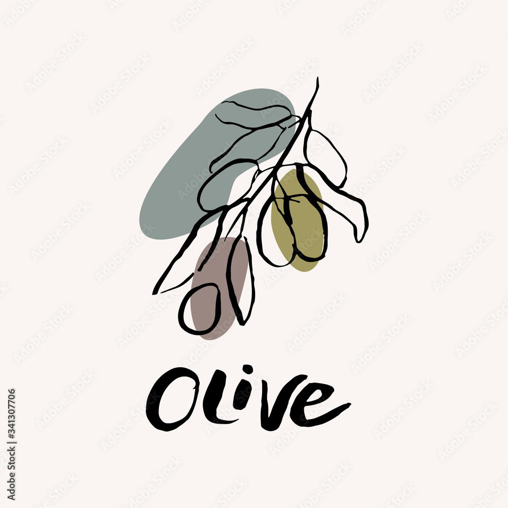 Olive black and white vector hand draw sketch with colored spots. Hand ...
