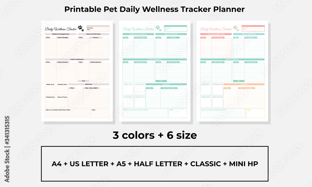 Minimalist pet daily wellness tracker planner pages templates vector ...