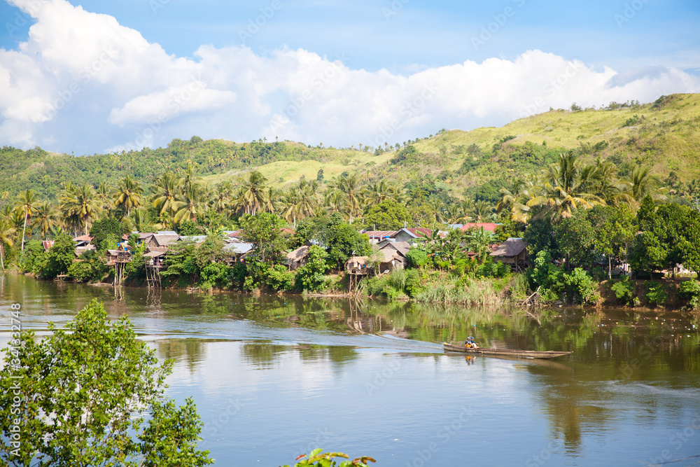 River and green hills. Beautiful natural scenery of river in southeast ...