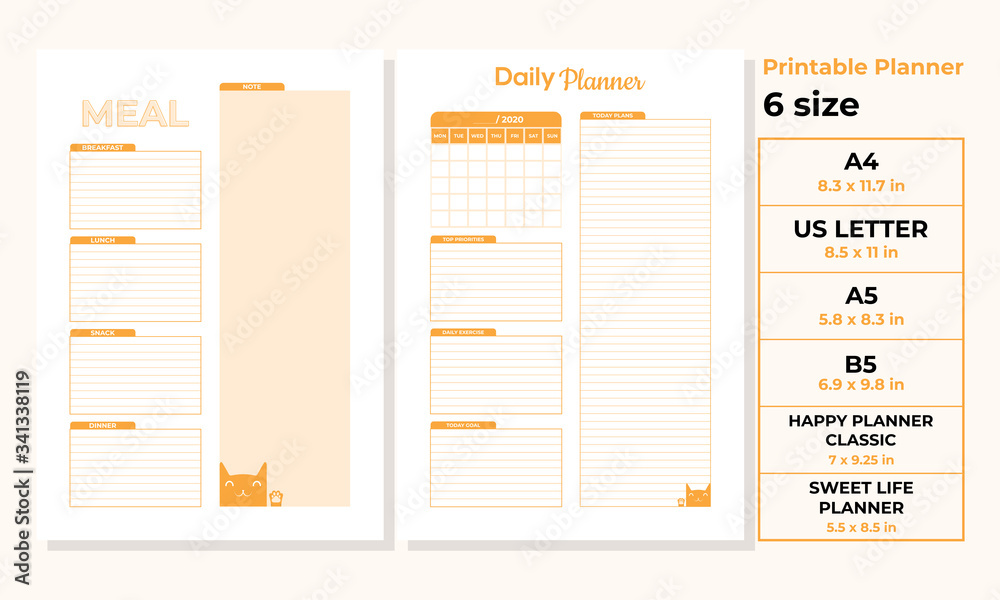 Minimalist Daily planner pages templates vector paper A4, US Letter, A5 ...