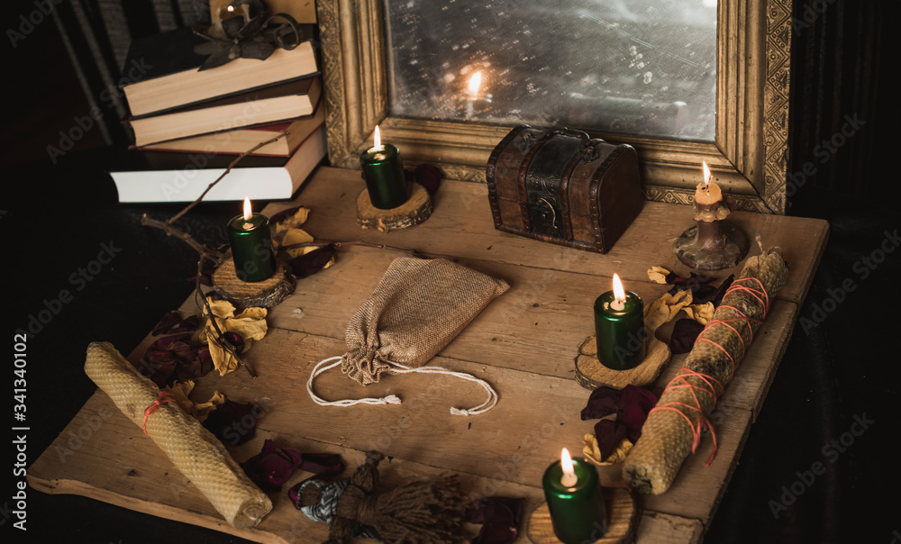 Tarot cards and esoteric concept. Magic rituals. Mystical table with ...