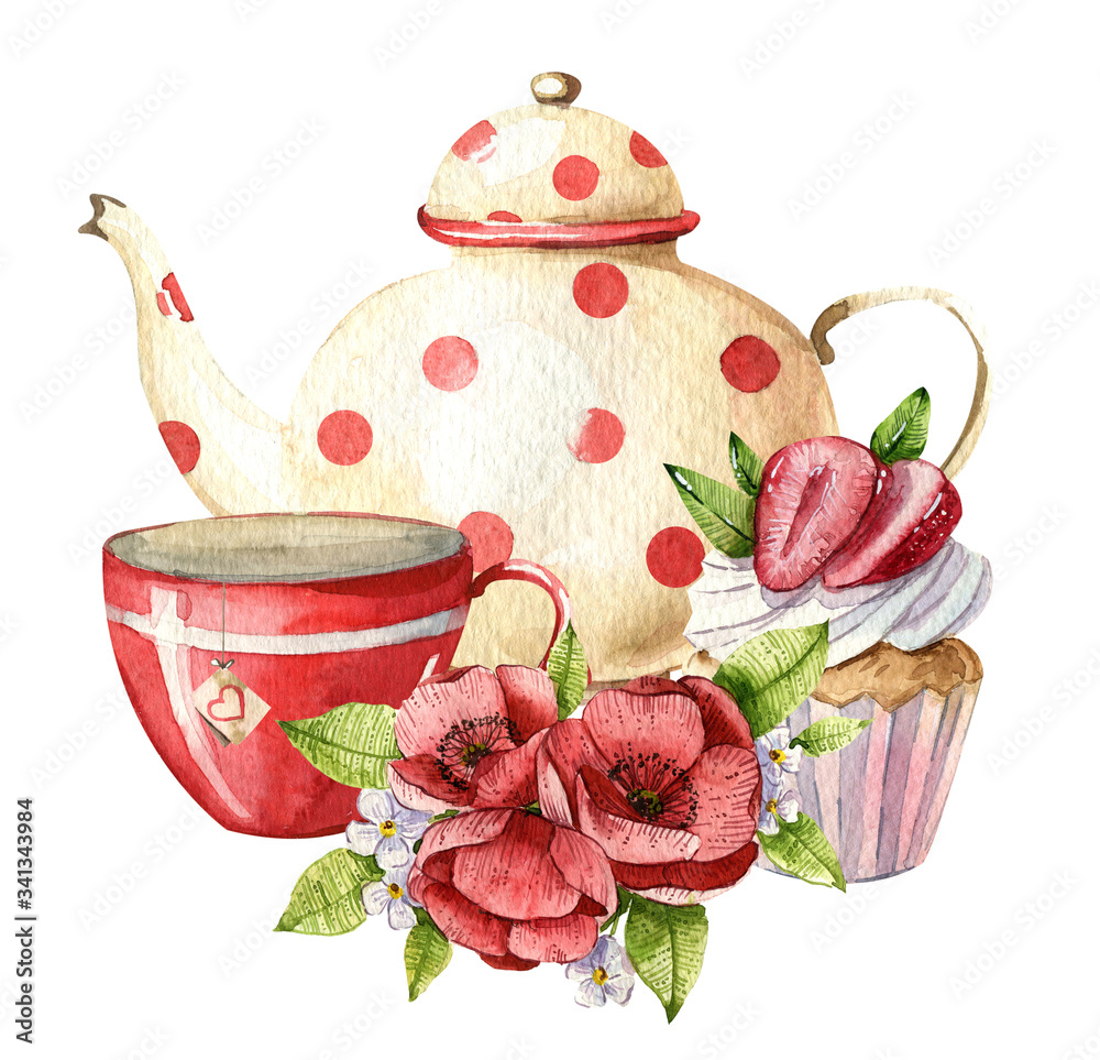 Watercolor composition with teapot, cup, cake and flowers on the ...