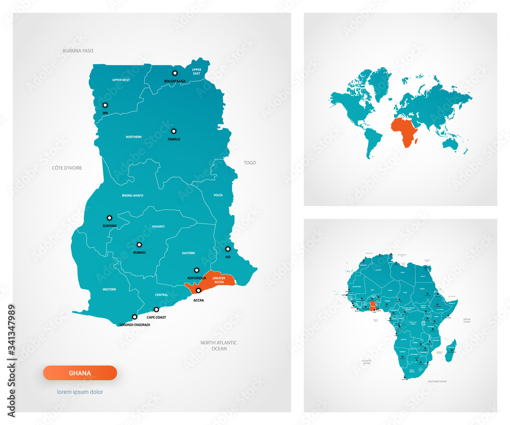Editable template of map of Ghana with marks. Ghana on world map and on ...