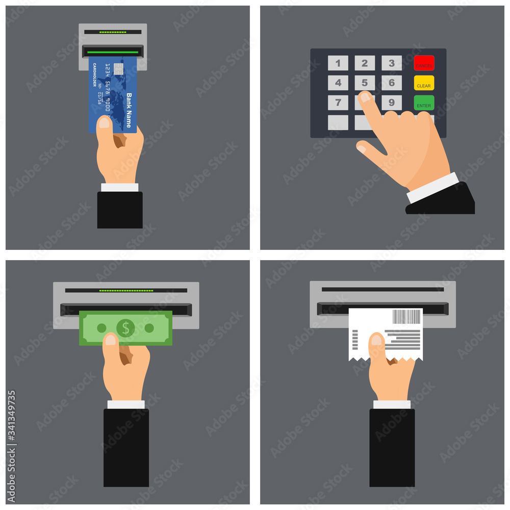 Flat design of ATM terminal usage concept. Step-by-step instructions ...