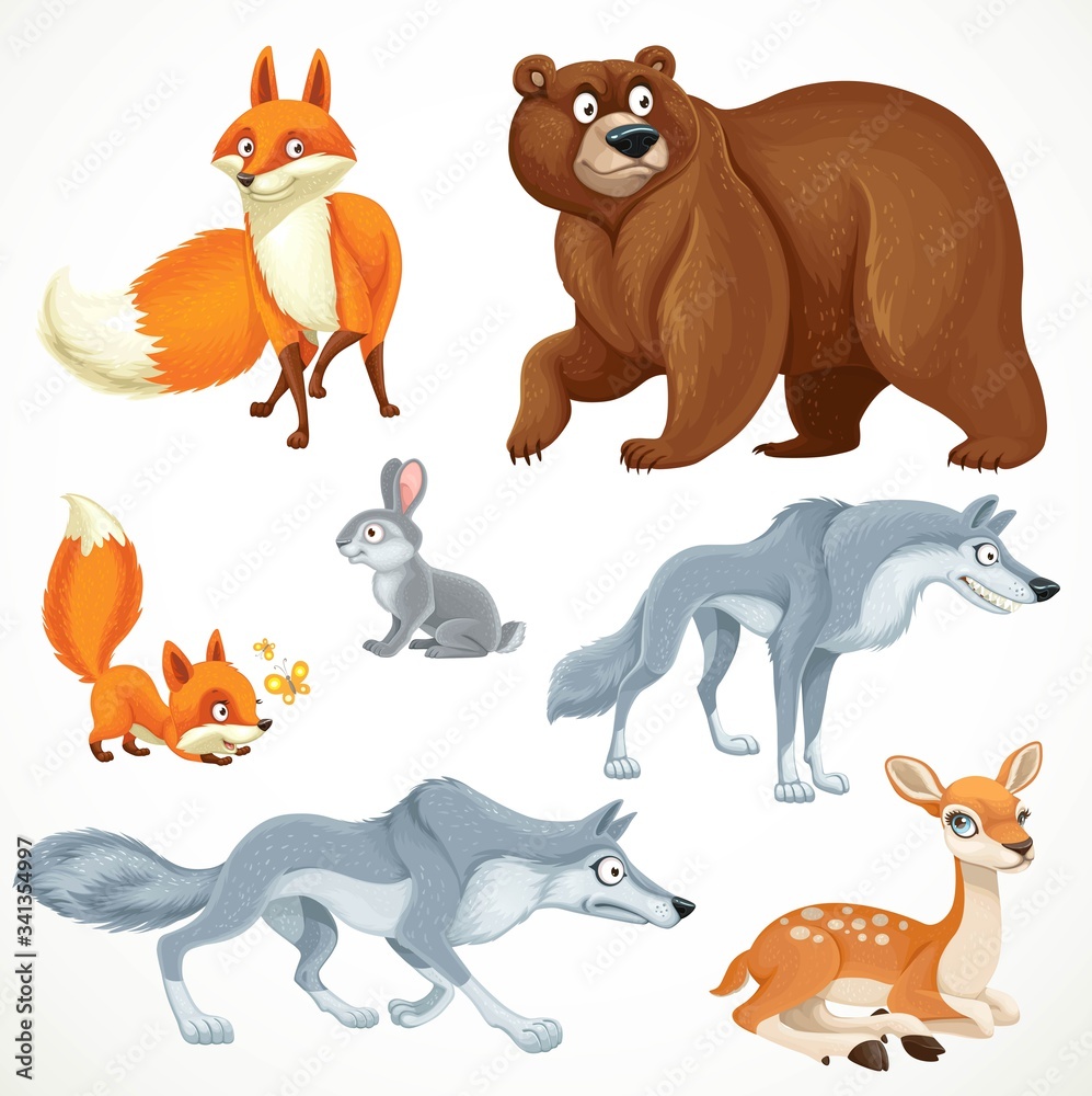 Set of wild animals rabbit, bear, fox and baby fox, wolves, deer lies ...