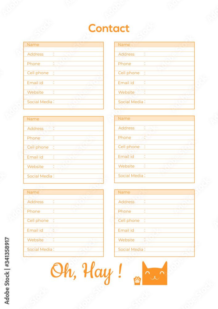 Minimalist Contact planner pages templates vector paper A4, US Letter ...