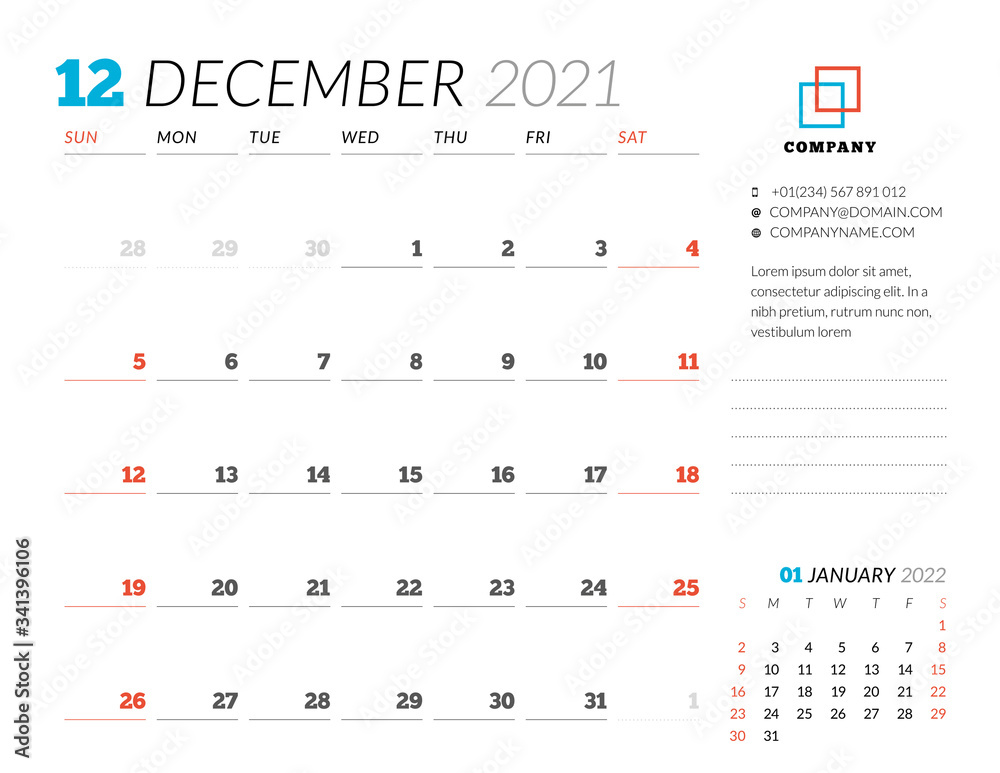 Corporate design planner template for December 2021. Monthly planner ...