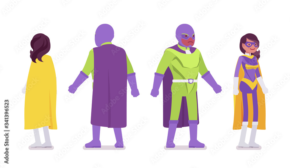 Male and female super hero in bright costume standing. Heroic strong ...