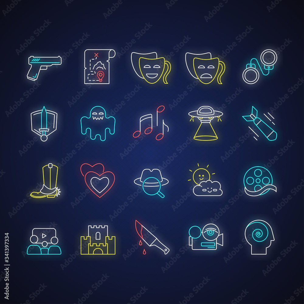 Movie genres neon light icons set. Cinematography, filmmaking industry ...