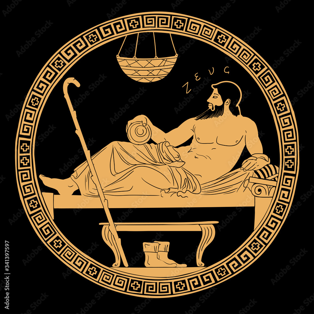 The ancient Greek god Zeus lies on the bed. Art painting on clay ...