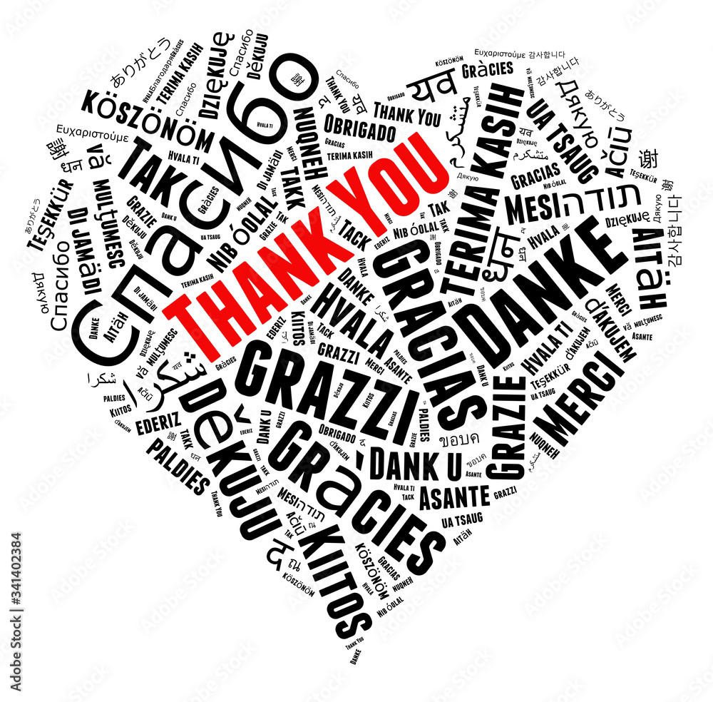 Thank You in different languages heart shaped word cloud concept Stock ...