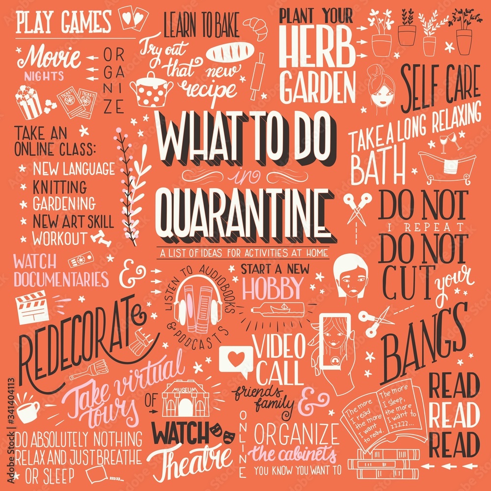 What to do in quarantine, typography hand lettering poster design, red ...