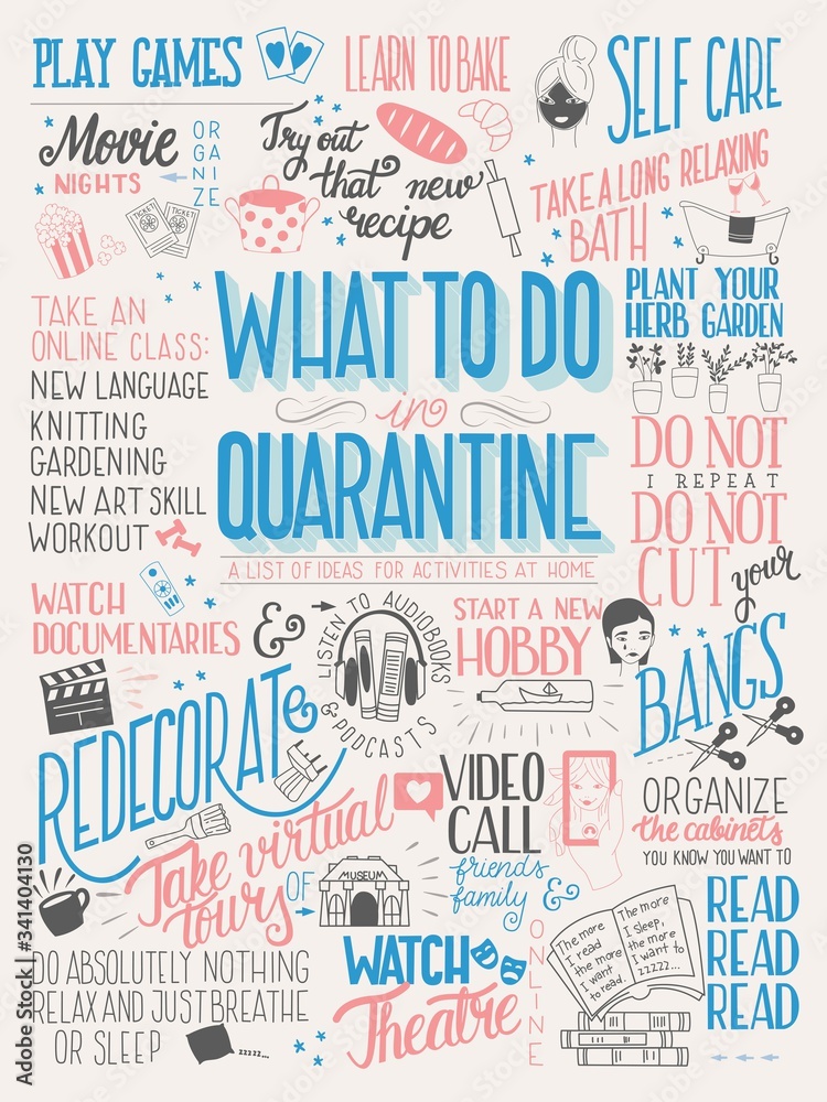 What to do in quarantine, typography hand lettering poster design, blue ...