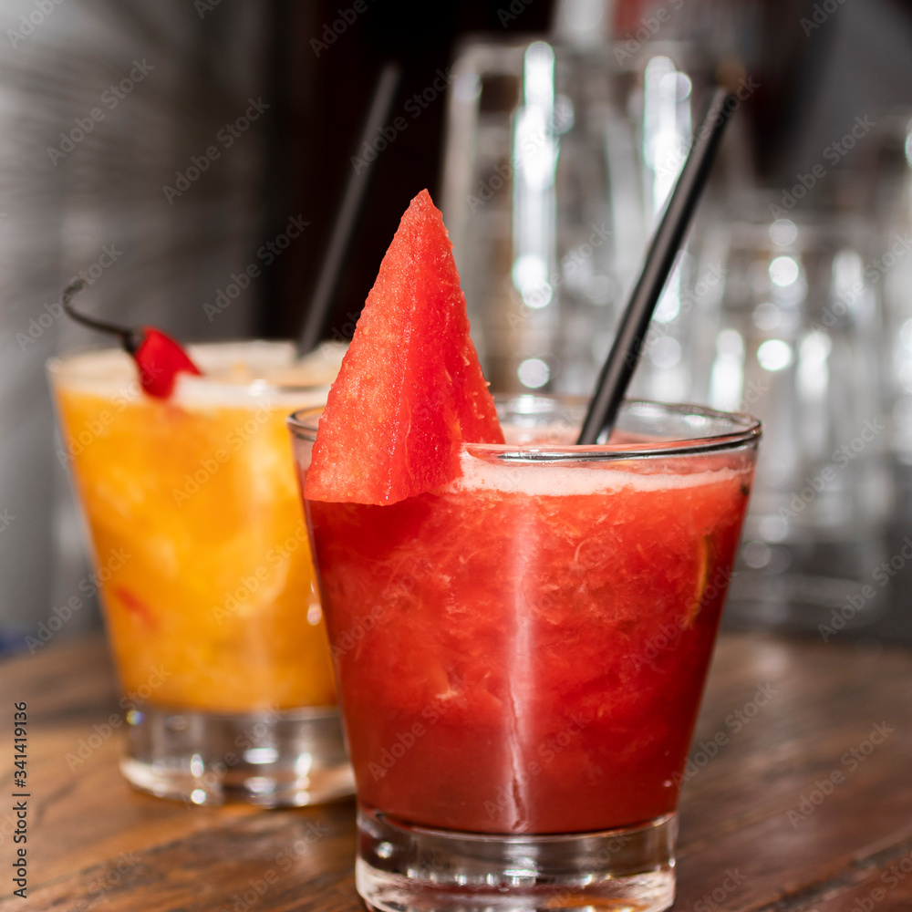 watermelon brazilian caipirinha in glass. Typical drink made of fruits ...