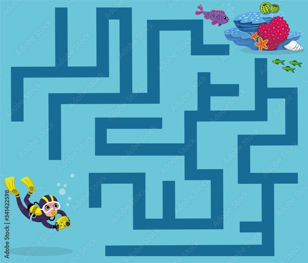 Help diver to rich the reef. Maze game for children. Vector ...