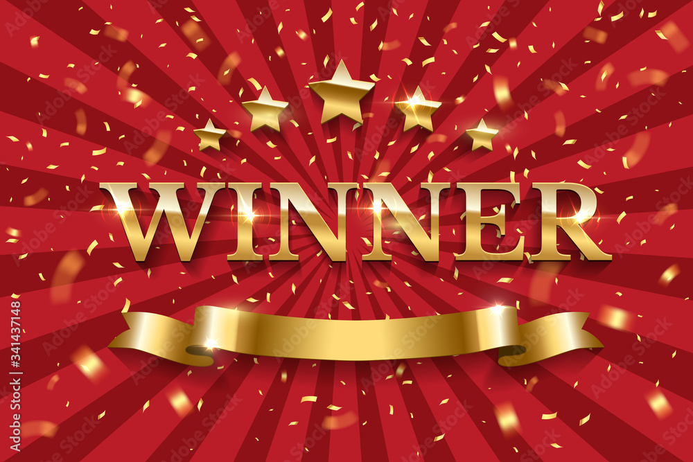 Vector golden 3D realistic sign Winner with five stars and ribbon on ...
