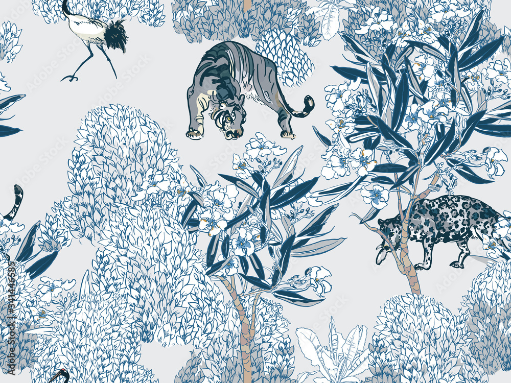 Blue and White Wild Animals Predators in Blooming Garden Blue and White ...