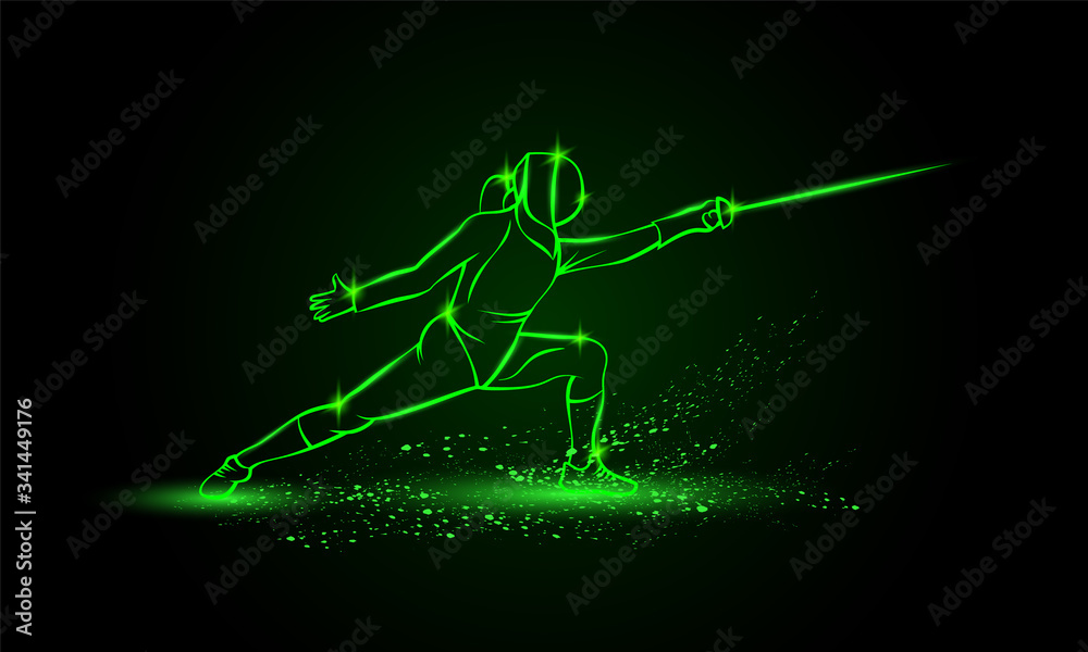 Female fencer in an attacking pose. Vector fencing sport green neon ...